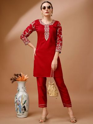 Buy Tikhi Imli Red Colour Zari Embroidery Work Co-Ord (Set of 2) Online