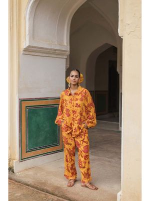 Buy Naav Dawn Set - Yellow Printed Linen Co-ord Set Online