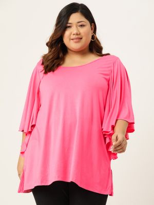 Buy theRebelinme Plus Size Womens Pink Solid Flutter Sleeve LongLine ...
