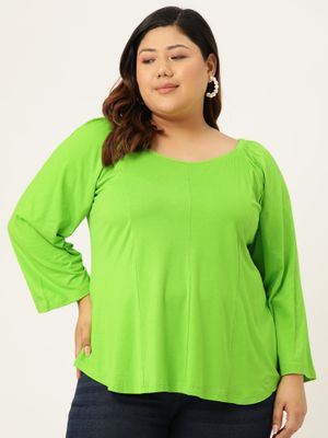 Buy theRebelinme Plus Size Womens Bright Green Solid Long Sleeve Gather Top Online