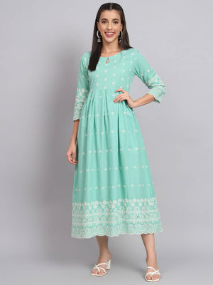 Buy Rangmayee Cotton Green Shiffli Embroidered Dress Online
