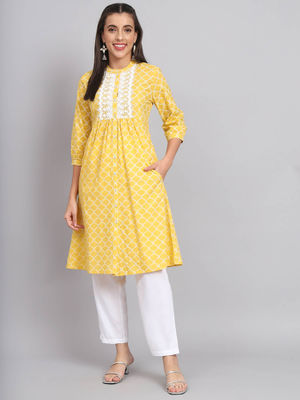 Buy Rangmayee Cotton Yellow Printed Front Open Kurta Embellished with ...