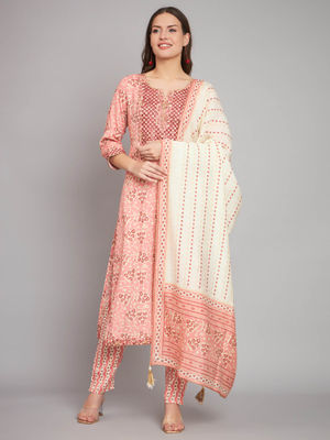 Buy Rangmayee Women Peach & White Printed Kurta & Dupatta (Set of 3) Online