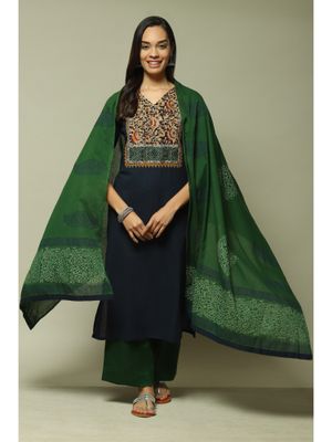 Buy Biba Blue Cotton Unstitched Suit (Set of 3) Online