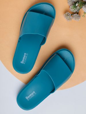 Buy Iconics Teal Women Solid Sliders Online