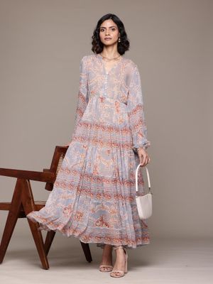 Buy Label Ritu Kumar Women Blue Balloon Sleeve V-Neck Chiffon Maxi ...