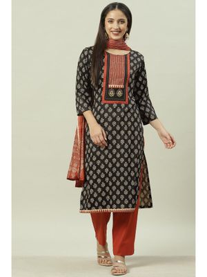 Biba Unstitched : Buy Biba Black Cotton Unstitched Suit (Set of 3 ...