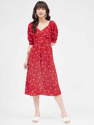 Buy Kibo Women Red Flower Printed 3/4th sleeve Polyester Dress Online