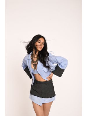 Buy The Label Jenn Blue Pinstripe Crop Jacket (XXS) Online