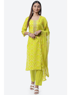 Buy Biba Green Cotton Unstitched Suit (Set of 3) Online