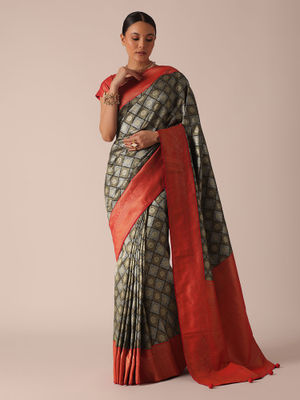 Buy KALKI FASHION Black & Red Silk Brocade Woven Saree with Unstitched Blouse Online