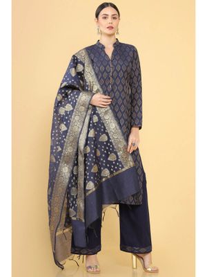 Buy Soch Women Navy Blue Woven Dress Material (Set of 3) Online