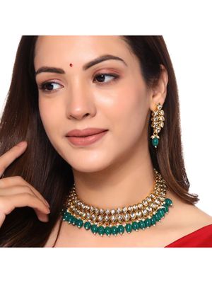 Green Stone Studded Choker Necklace Set 446JW10