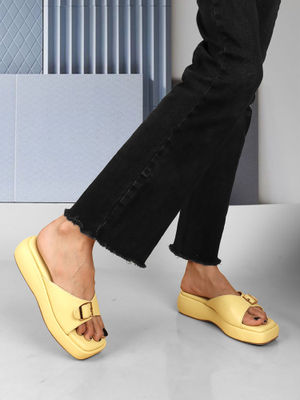 Buy ELLE Yellow Women Buckle Sliders Online