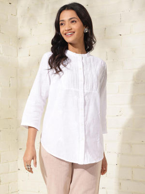 Buy Fabindia Cotton White Embroidered Chikankari Mandarin Neck Shirt Online