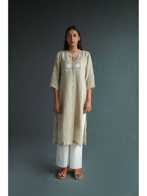 Buy Bombay Bloom Grey Pure Linen Embroidered Kurta Online