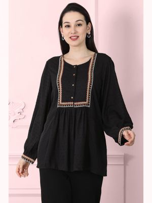 Buy W Raven Black Textured Thread Embroidered Yoke Top (XS) Online