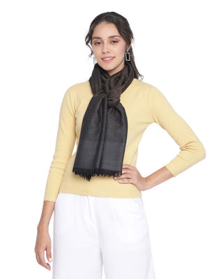 Buy Shingora Black Pure Wool Woven Design Fringed Women Shawl Online