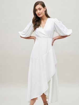 Femella Midi Dresses : Buy Femella White Wrap Ruffle Midi Dress (L ...