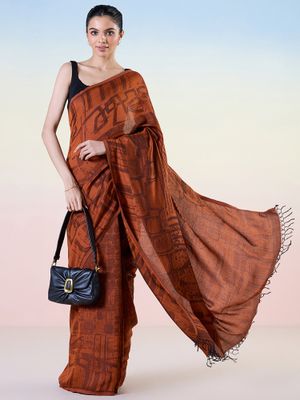 Buy Navyasa By Liva Brown Jacquard Woven Saree with Unstitched Blouse ...