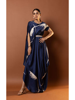 Buy Vedika M Blue Printed Draped Dress with Attached Belt (XS) Online