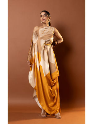 Buy Vedika M Yellow Printed Drape Dress with Attached Belt (XS) Online