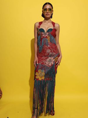 Buy Rishi & Vibhuti Red Shira Fringed Maxi Dress (S) Online