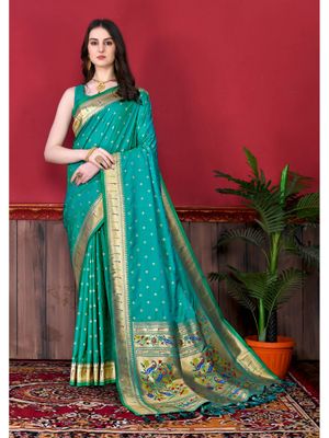 Buy Ekta Textiles Green Soft Pathani Silk Zari Woven Saree with ...
