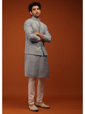Buy KALKI FASHION Harbor Grey Nehru Jacket & Kurta In Abla Embroidery ...