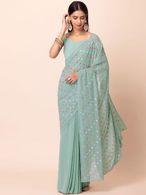 Buy Indya Sage Green Embroidered Georgette Saree with Unstitched Blouse ...