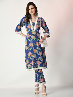 Buy MYSHKA Women Blue Printed Kurta & Trouser (Set of 2) Online
