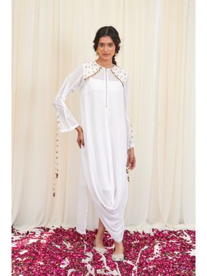 Buy RIRASA White Round Neck Bell Sleeve Georgette Maxi Dress with Inner ...