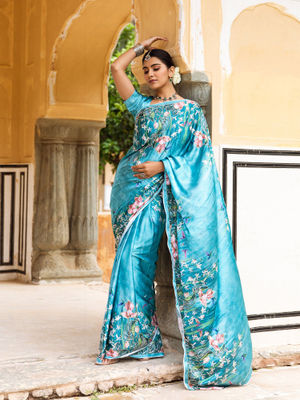 Buy ASHEERA Floral Blue Satin Printed Zardozi Saree with Unstitched ...