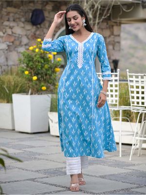 Buy Hatheli Blue Printed A Line Kurta (M) Online