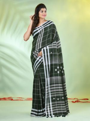 Buy CHARUKRITI Moss Green Cotton Checkbox Woven Design Saree with ...