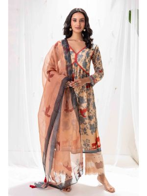Buy SEW Peach Gulistan Print Anarkali Kurta with Pant and Dupatta (Set ...