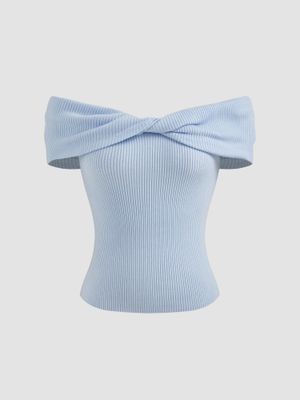 Buy Cider Blue Knit Off Shoulder Twist Short Sleeve Top (XS) Online