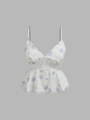 Buy Cider Blue Satin Floral Lace Trim Crop Top (S) Online