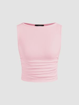 Buy Cider Pink Boat Neck Ruched Solid Crop Top (XXS) Online