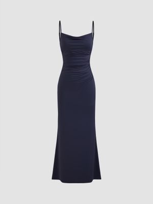 Buy Cider Navy Blue Ruched Backless Maxi Dress (S) Online