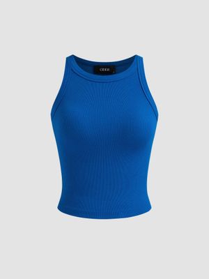 Buy Cider Blue Cotton Blend Round Neckline Solid Tank Top (S) Online