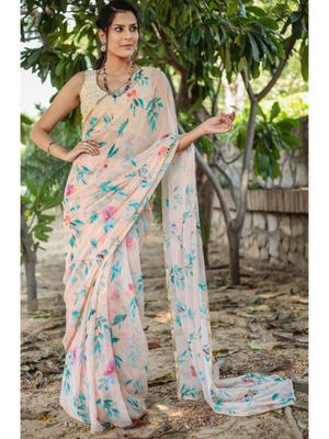 Buy Zari Jaipur Cream Digital Print Chiffon Saree with Unstitched ...