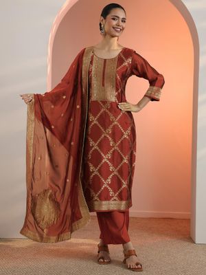 Buy Libas Rust Woven Straight Kurta with Pant and Dupatta (S) Online