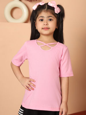 Buy Mini & Ming Girls Pink Solid Cotton Neck Cut-Out Detail Top (3-4 ...