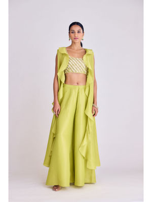 Buy Basanti Kapde aur Koffee Green Tissue Blouse with Palazzo and Shrug ...