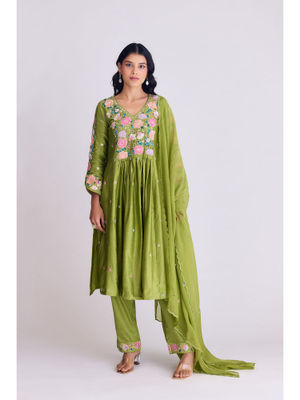 Buy Basanti Kapde aur Koffee Green Embroidered Kurta with Pant and ...