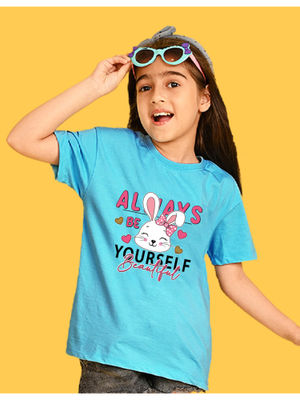 Buy Nusyl Girls Sky Blue Rabbit and Graphic Oversized T-shirt (2-4 ...