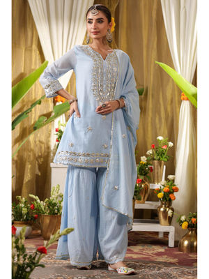 Buy Scakhi Powder Blue Mulmul Gota Handwork Kurta Sharara and Dupatta ...