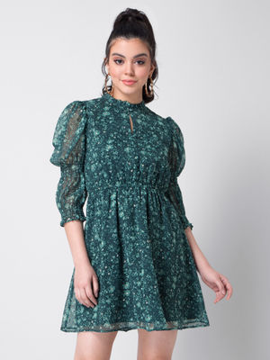 FabAlley Dresses : Buy FabAlley Green Floral Smocked Sleeve Dress ...