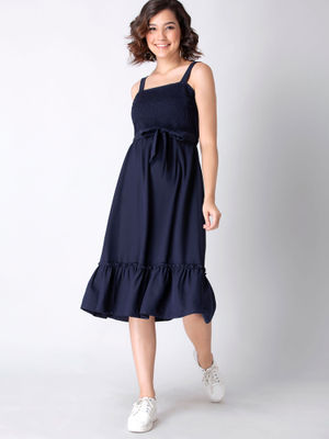 Faballey Dresses : Buy Faballey Navy Smocked Belted Midi Dress Online ...